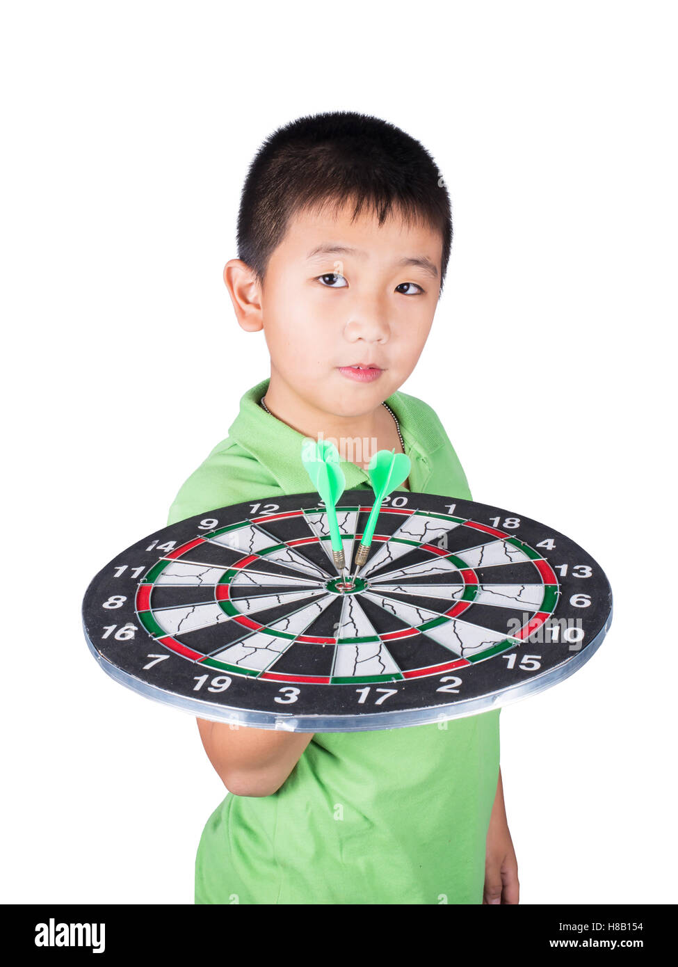 Cute boy with dart isolated on white background Stock Photo - Alamy