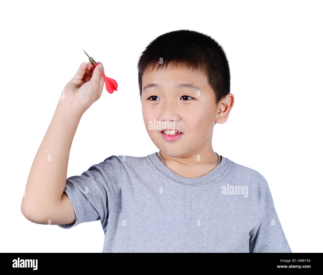 Cute boy with dart isolated on white background Stock Photo - Alamy