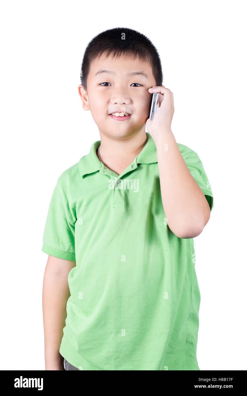 little boy with mobile phone isolated on white background Stock Photo ...