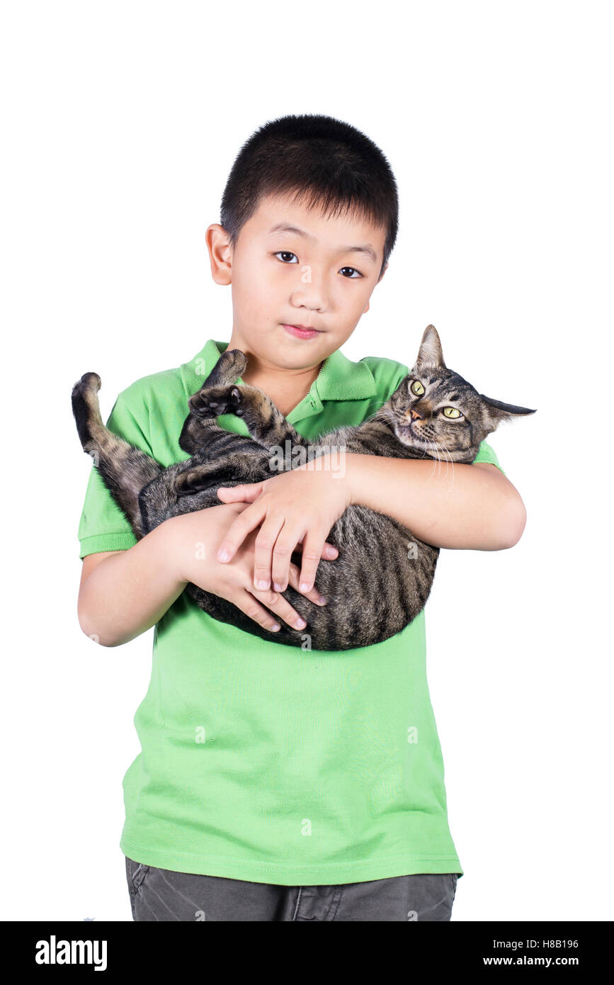 Portrait boy hugging cat hi-res stock photography and images - Alamy
