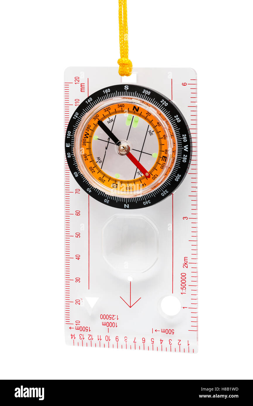 Compass with a yellow cord on a white background Stock Photo - Alamy