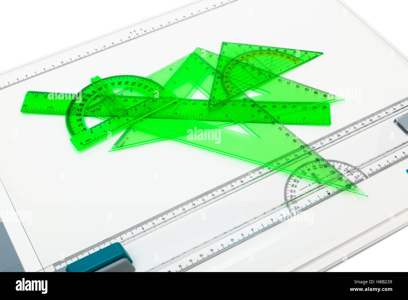 drawing board with measuring instruments on a white background Stock ...