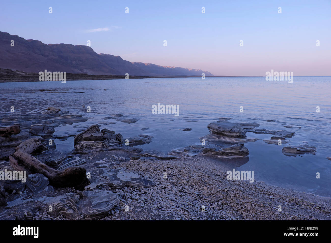 View of the shore of the Dead Sea a salt lake bordered by Jordan to the ...