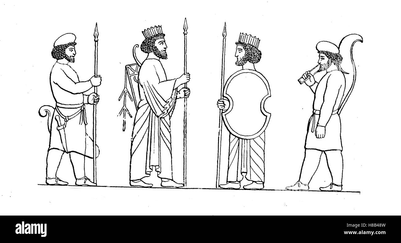 Persian foot soldiers with lance, shield and arch in the case ...