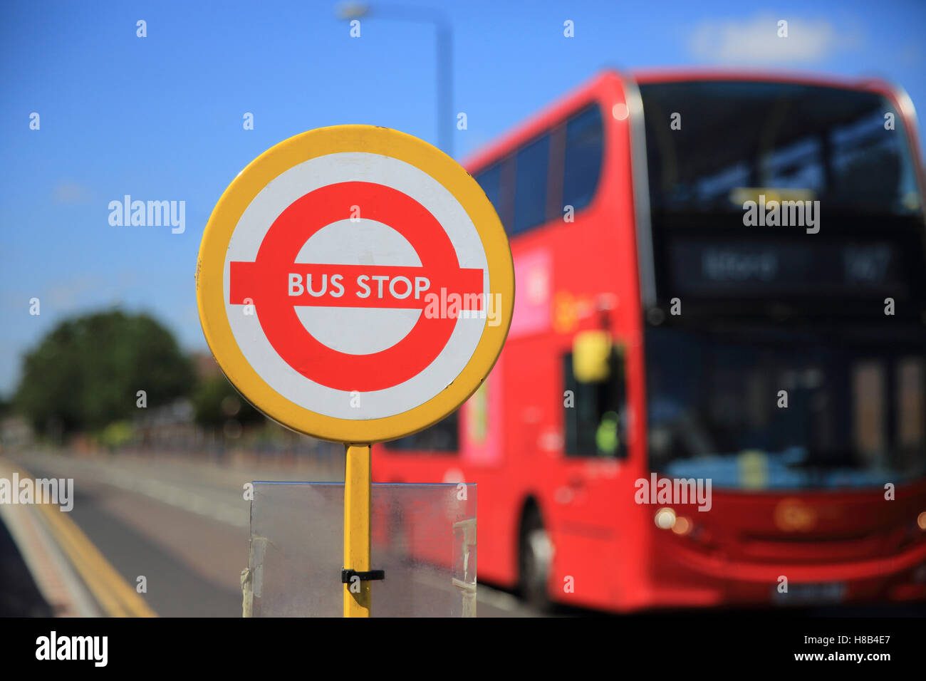 Bus approaching temporary bus stop, in east London, England, UK Stock ...