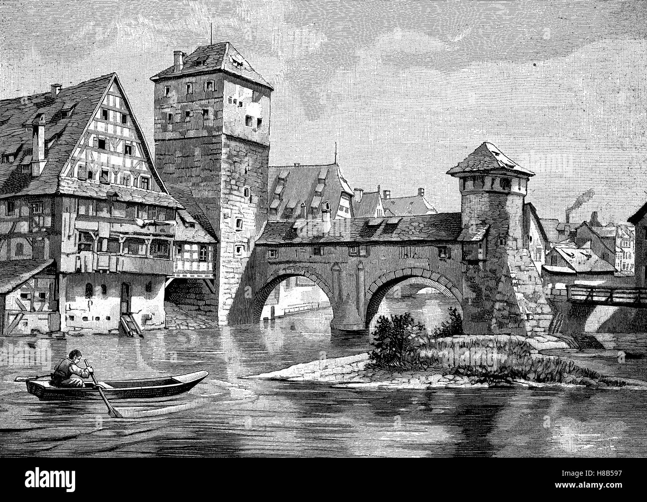 the bridge Henkersteg at Nuremberg, Germany, Woodcut from 1892 Stock ...