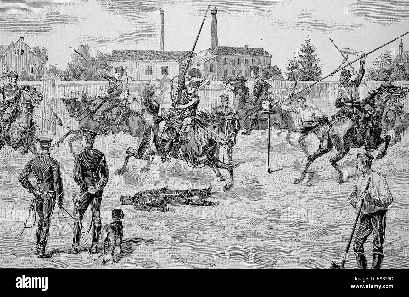 drill exercise with a lance in the German cavalry, Woodcut from 1892 ...