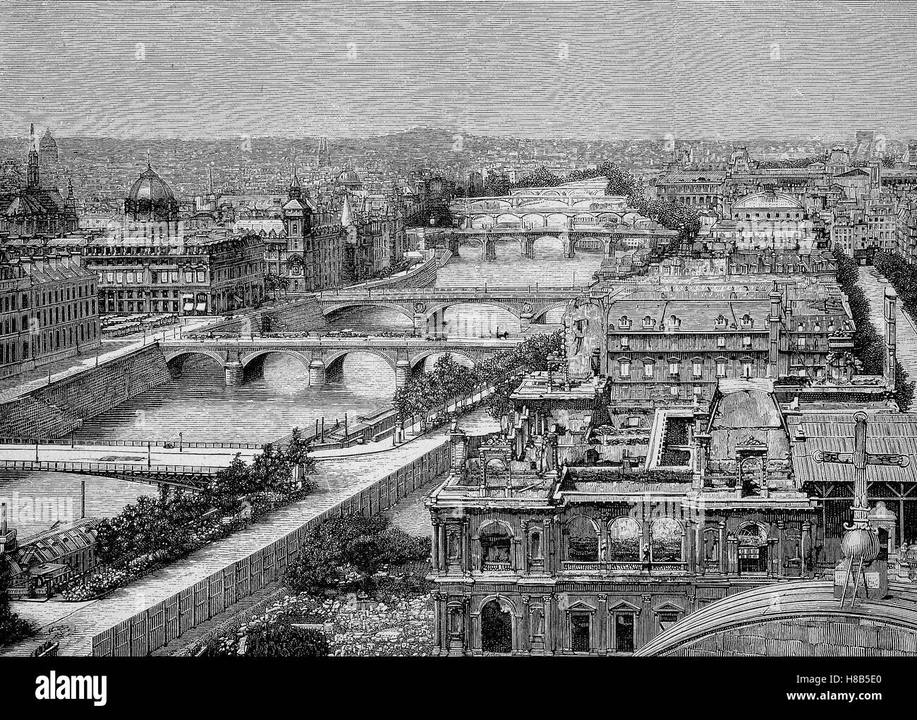 the bridges of Paris, crossing river Seine, France, Woodcut from 1892 ...