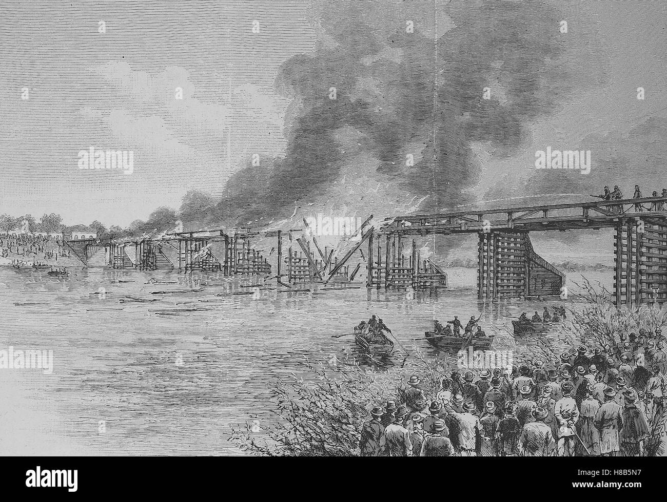The fire of the great oder bridge in glogau hi-res stock photography ...