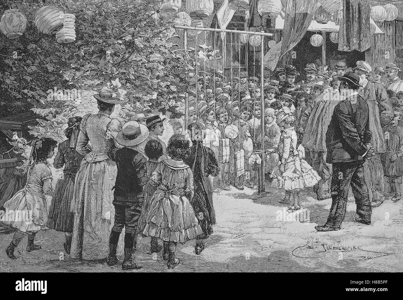 Festival in France, Children playing blind cow with scissors, Woodcut ...
