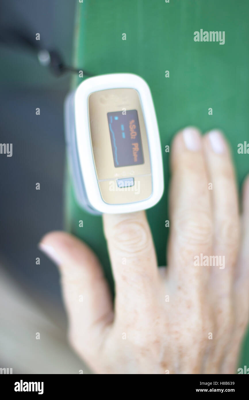 Portable hand held domestic cardiac finger pulse rate meter to show ...