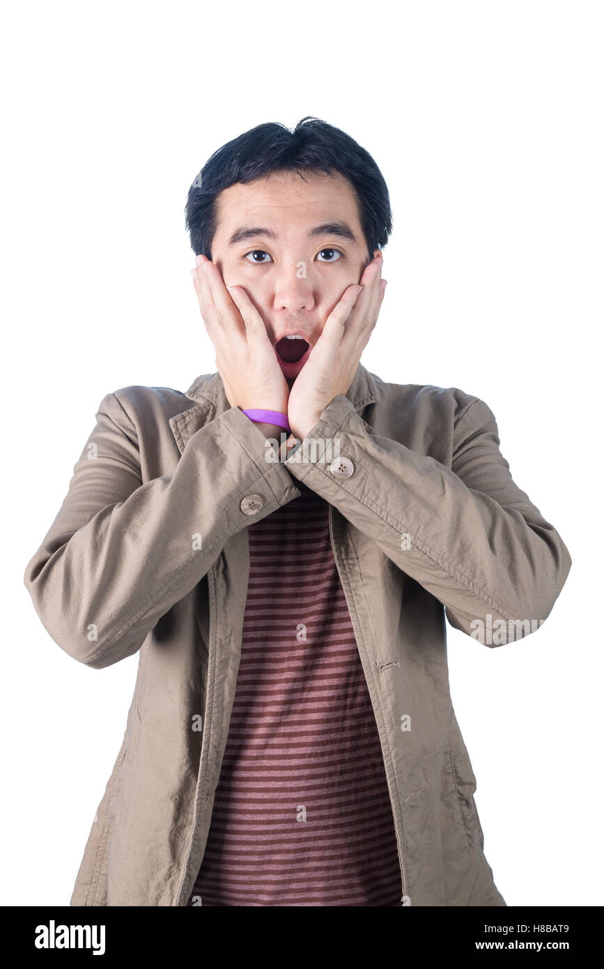 Frightened asian man with fear face.put his hand on face, Isolated on ...