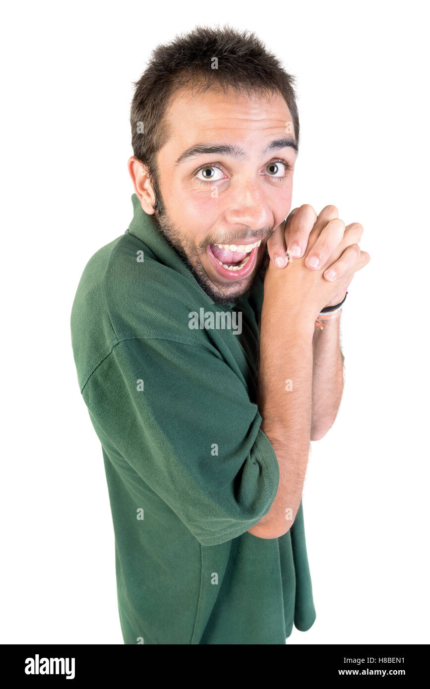 Happy young man making funny faces isolated in white Stock Photo - Alamy