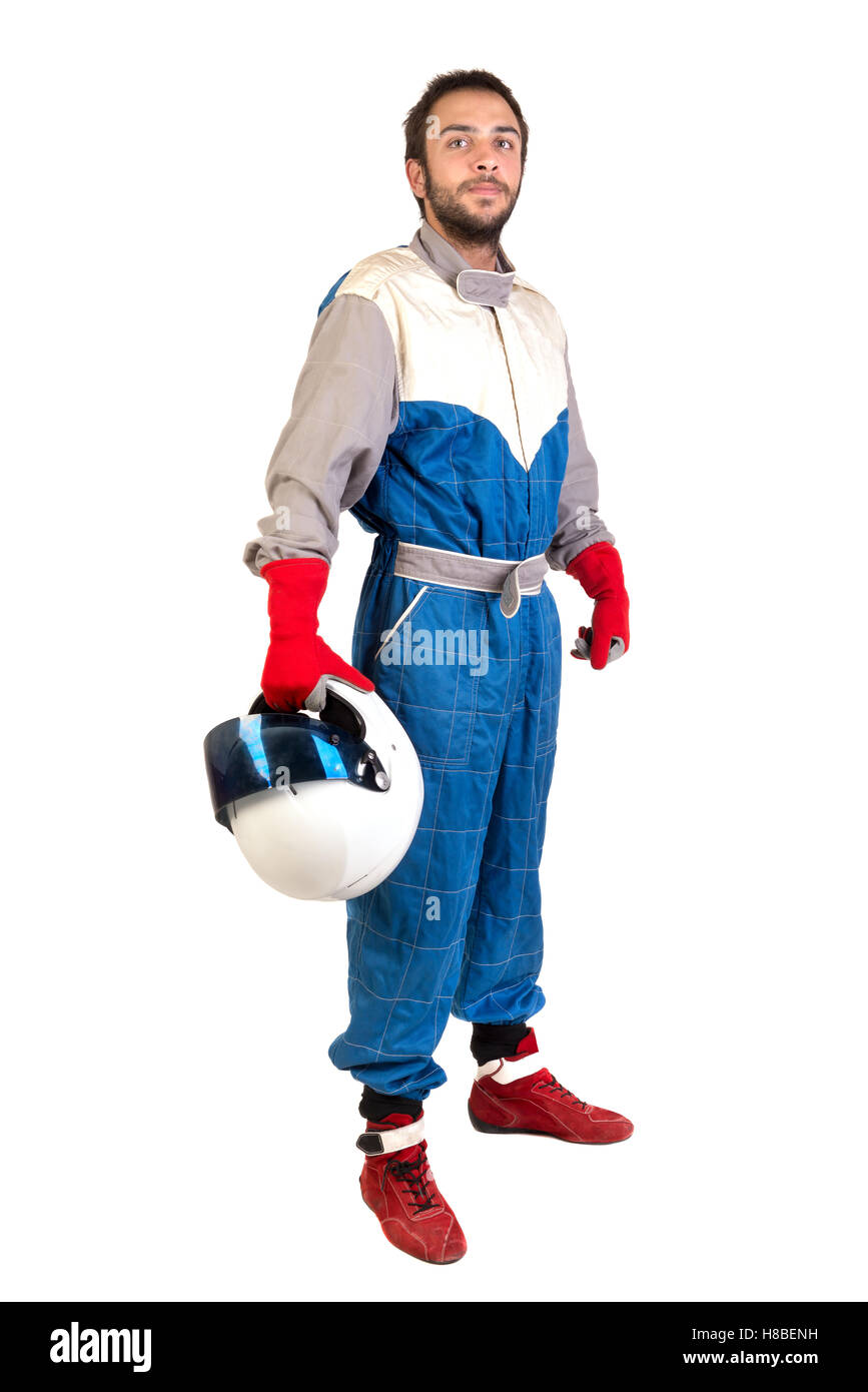 Racing driver posing with helmet isolated in white Stock Photo - Alamy