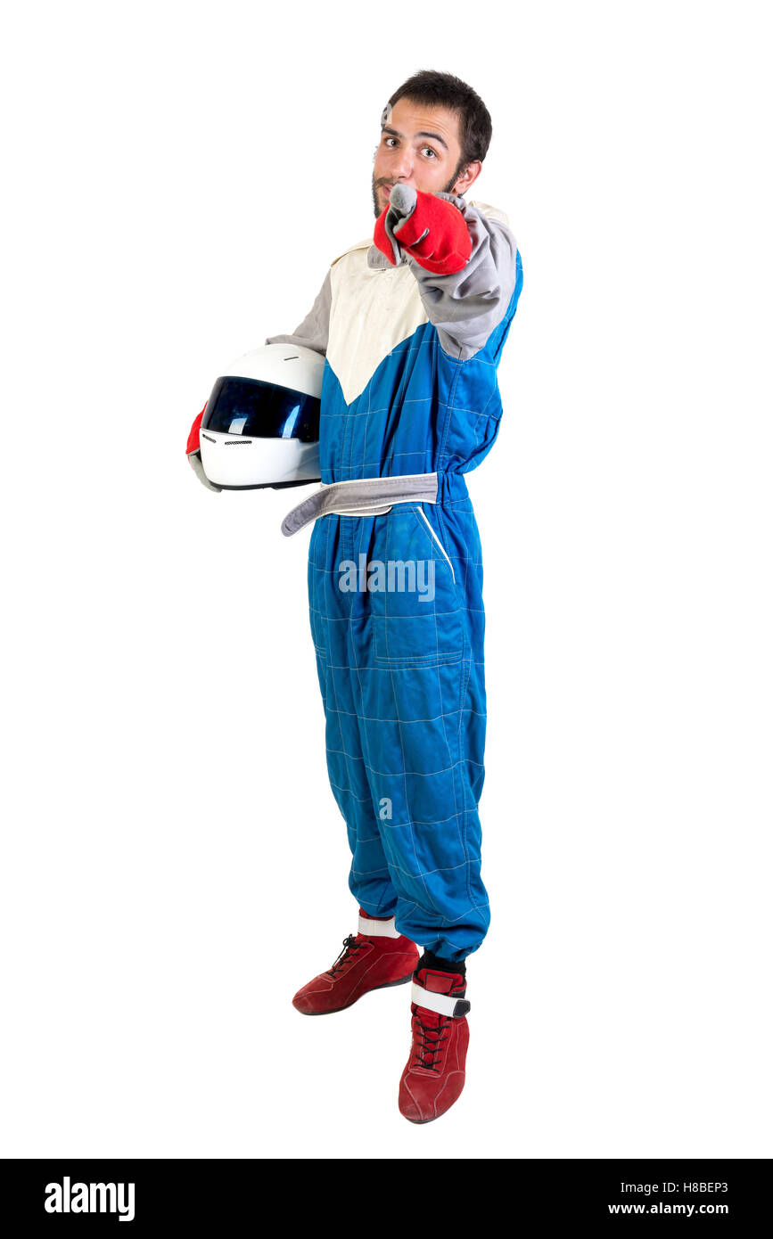 Racing driver posing with helmet isolated in white Stock Photo - Alamy