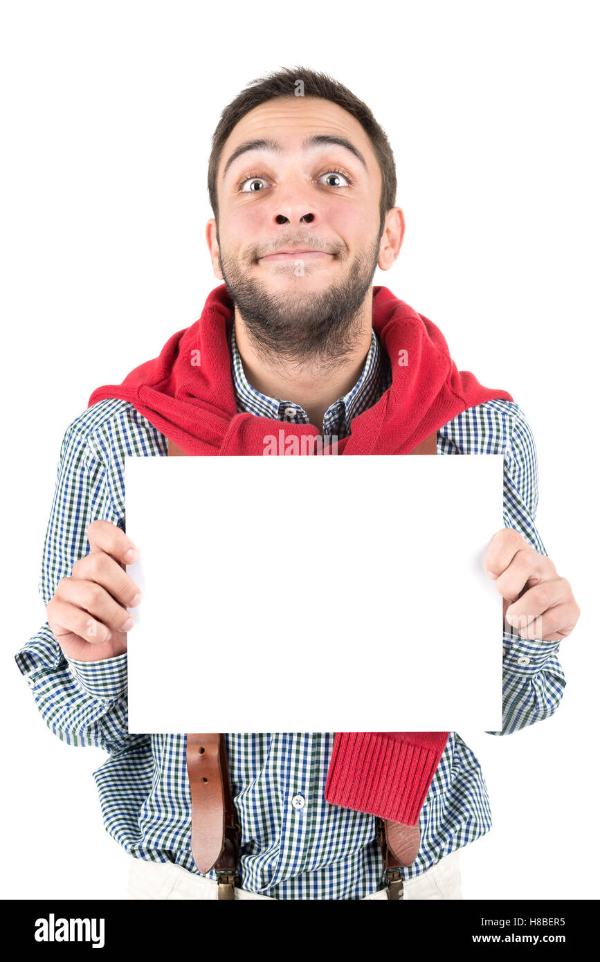 Happy nerd posing with blank board isolated in a white background Stock ...