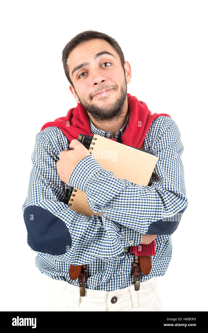 Nerd student posing with books isolated in a white background Stock ...
