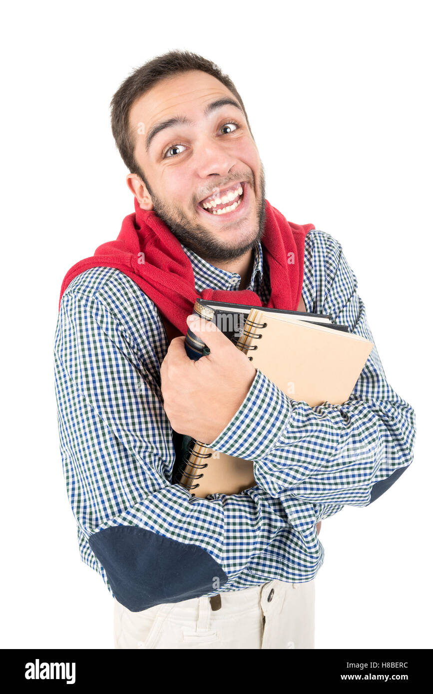 Nerd student posing with books isolated in a white background Stock ...