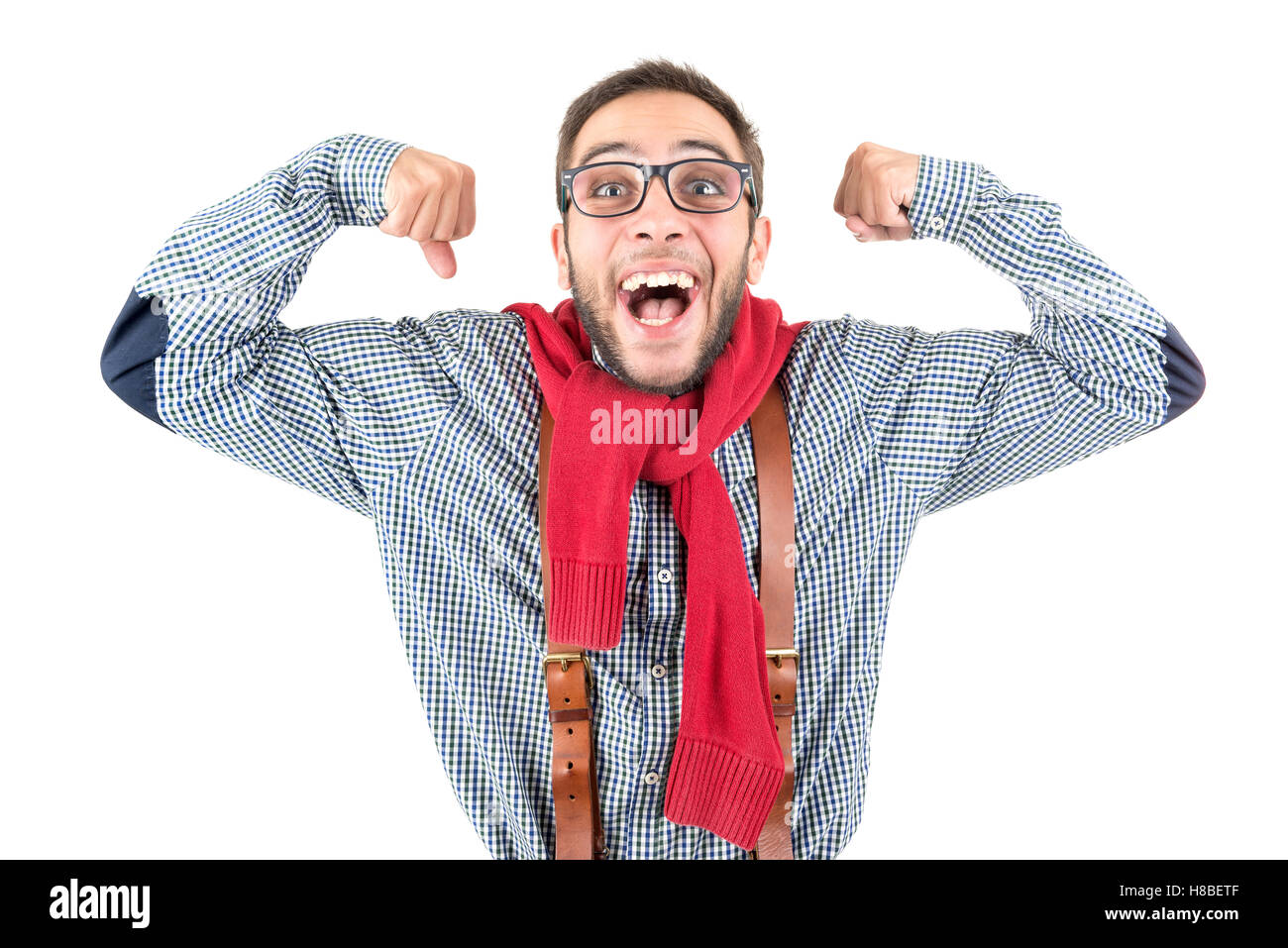 Happy nerd posing isolated in a white background Stock Photo - Alamy
