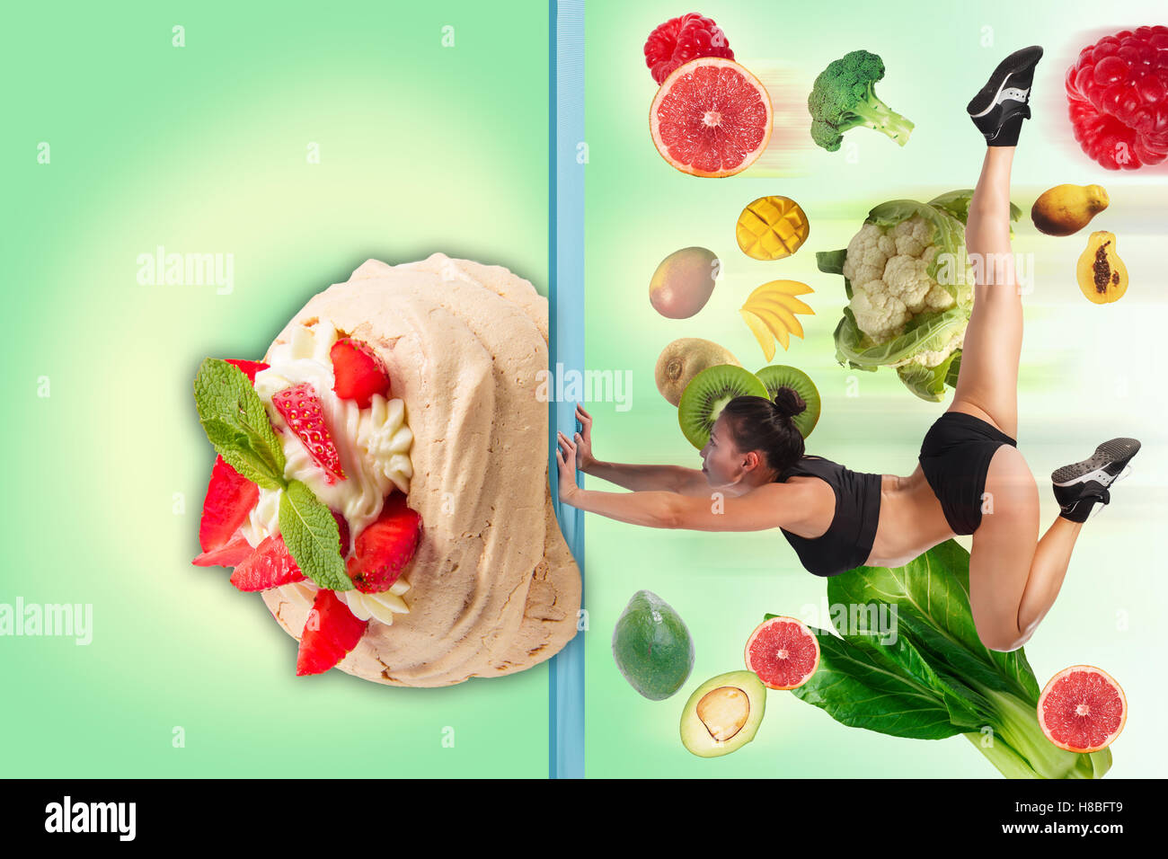 The collage of young beautiful woman with healthy and harmful meal ...