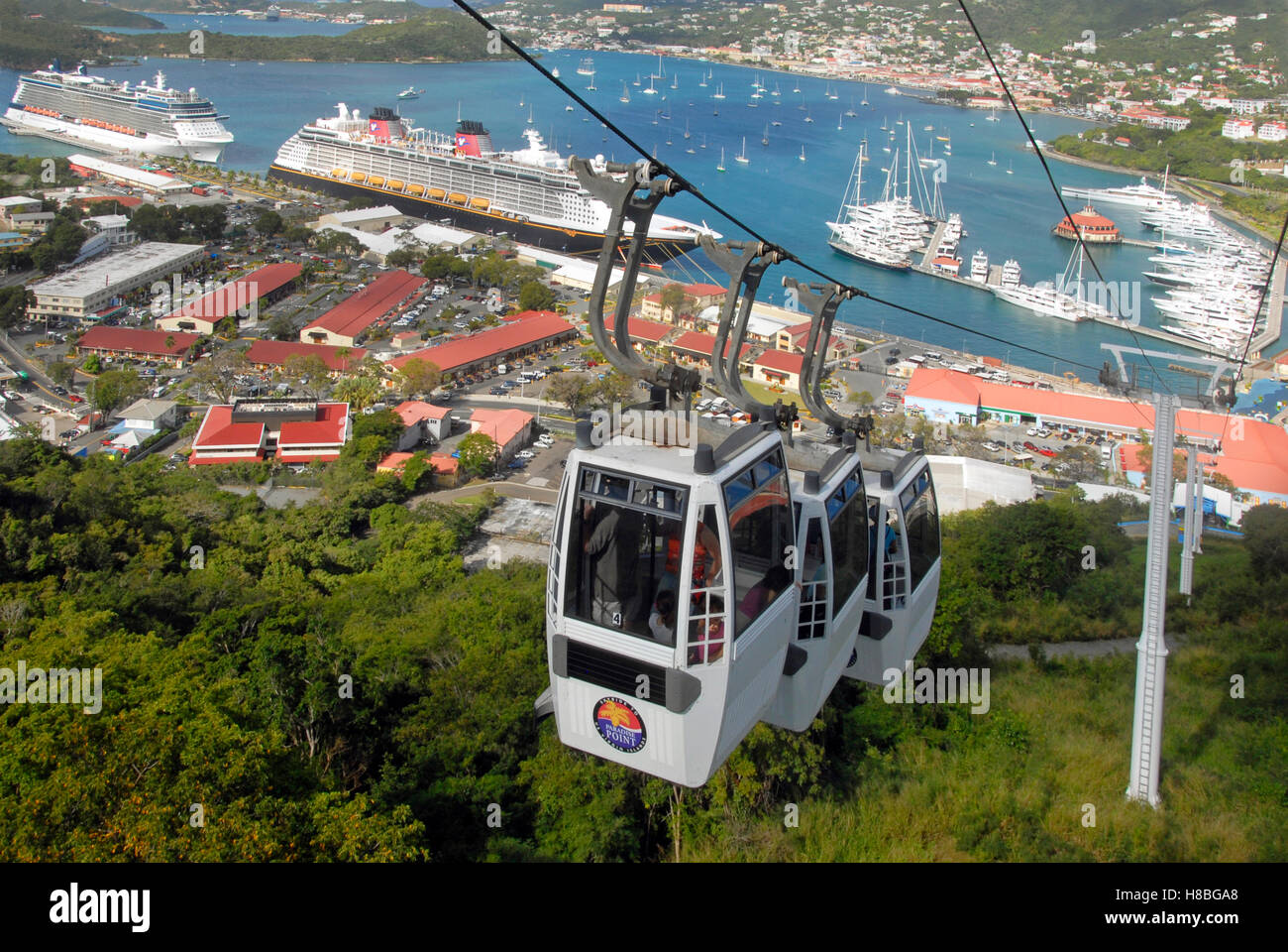 Cable cars to Paradise Point, St Thomas, Caribbean Stock Photo - Alamy