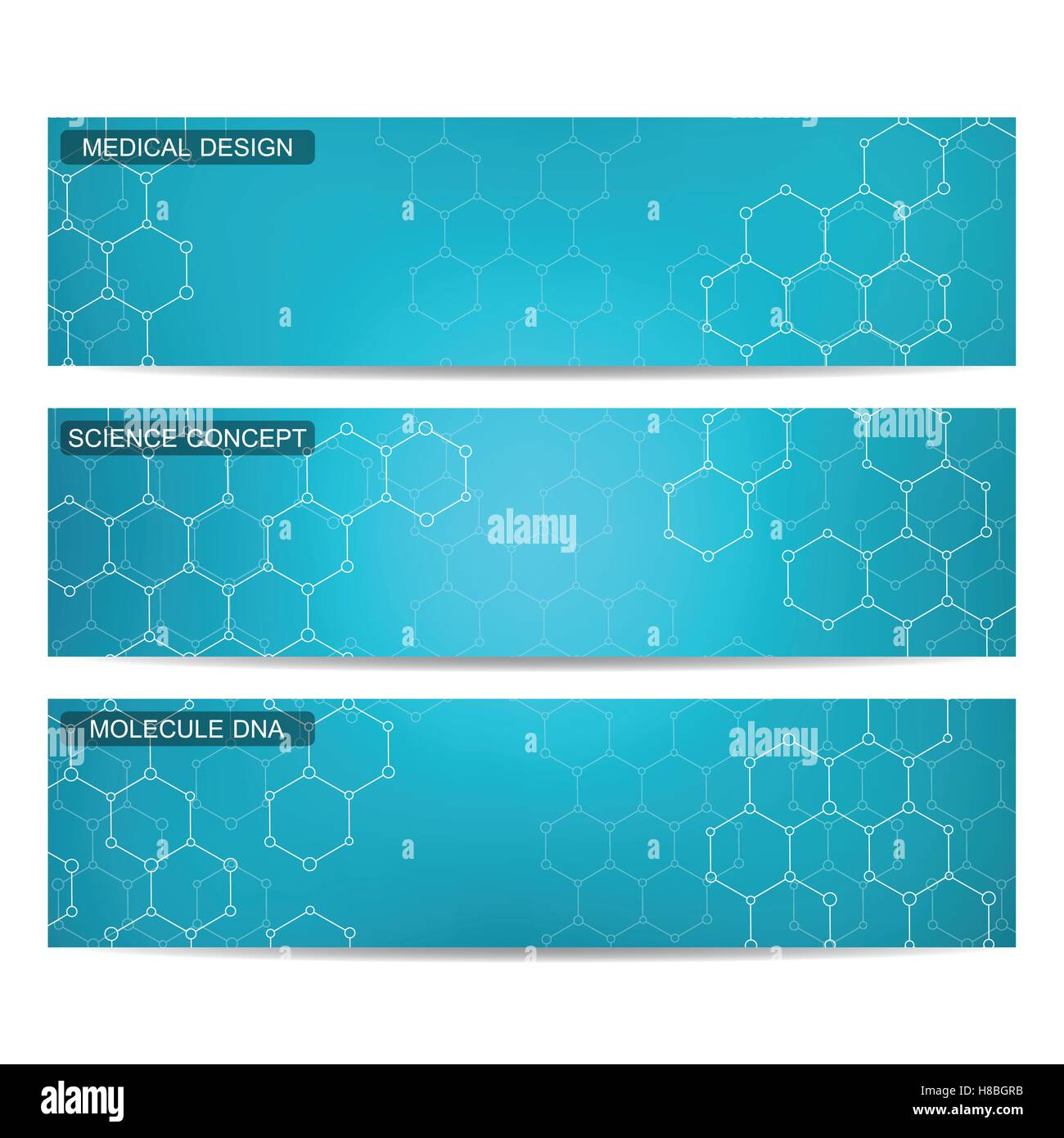 Set of modern science banners. Molecule structure of DNA and neurons ...