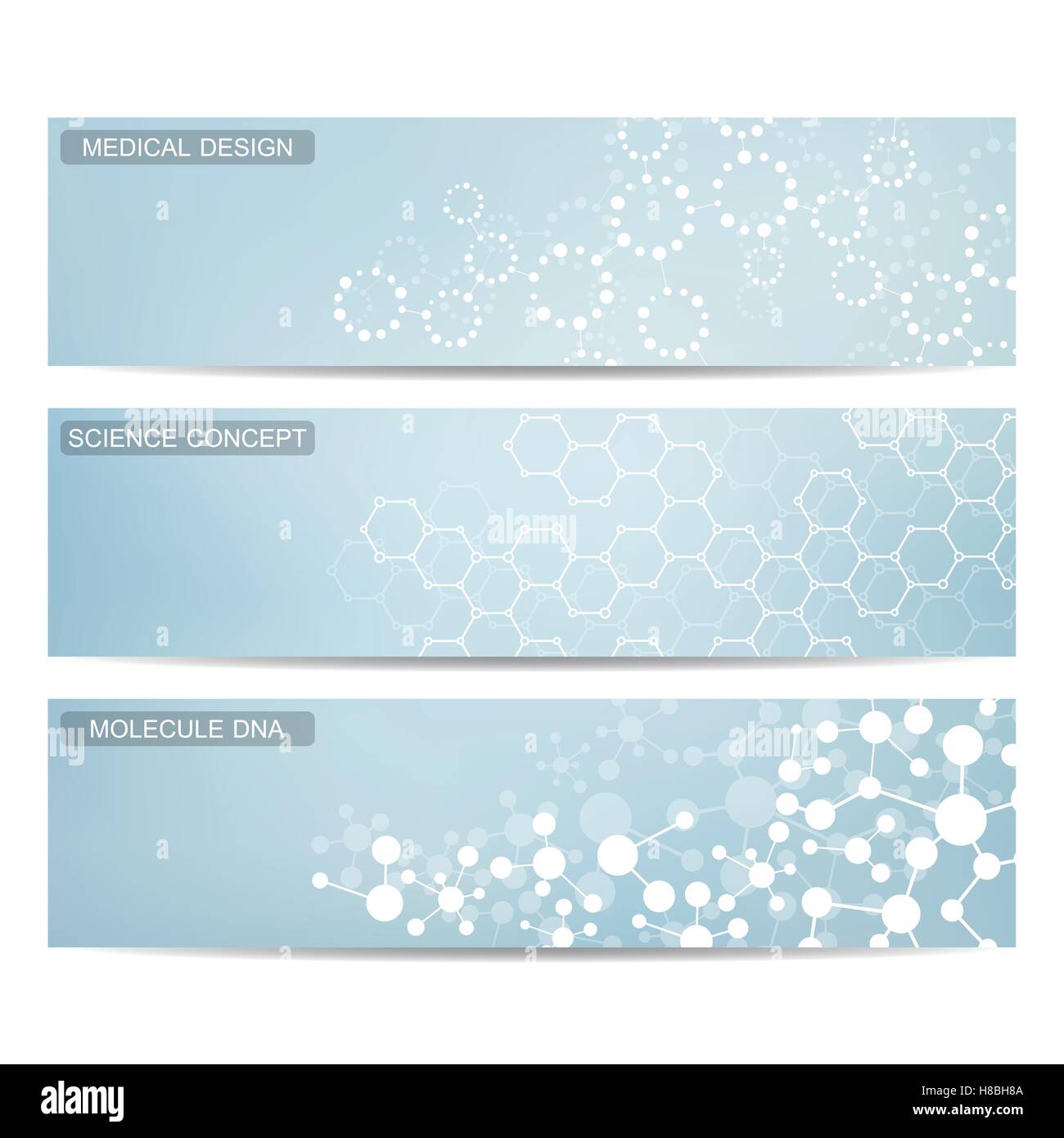 Set of modern science banners. Molecule structure of DNA and neurons ...