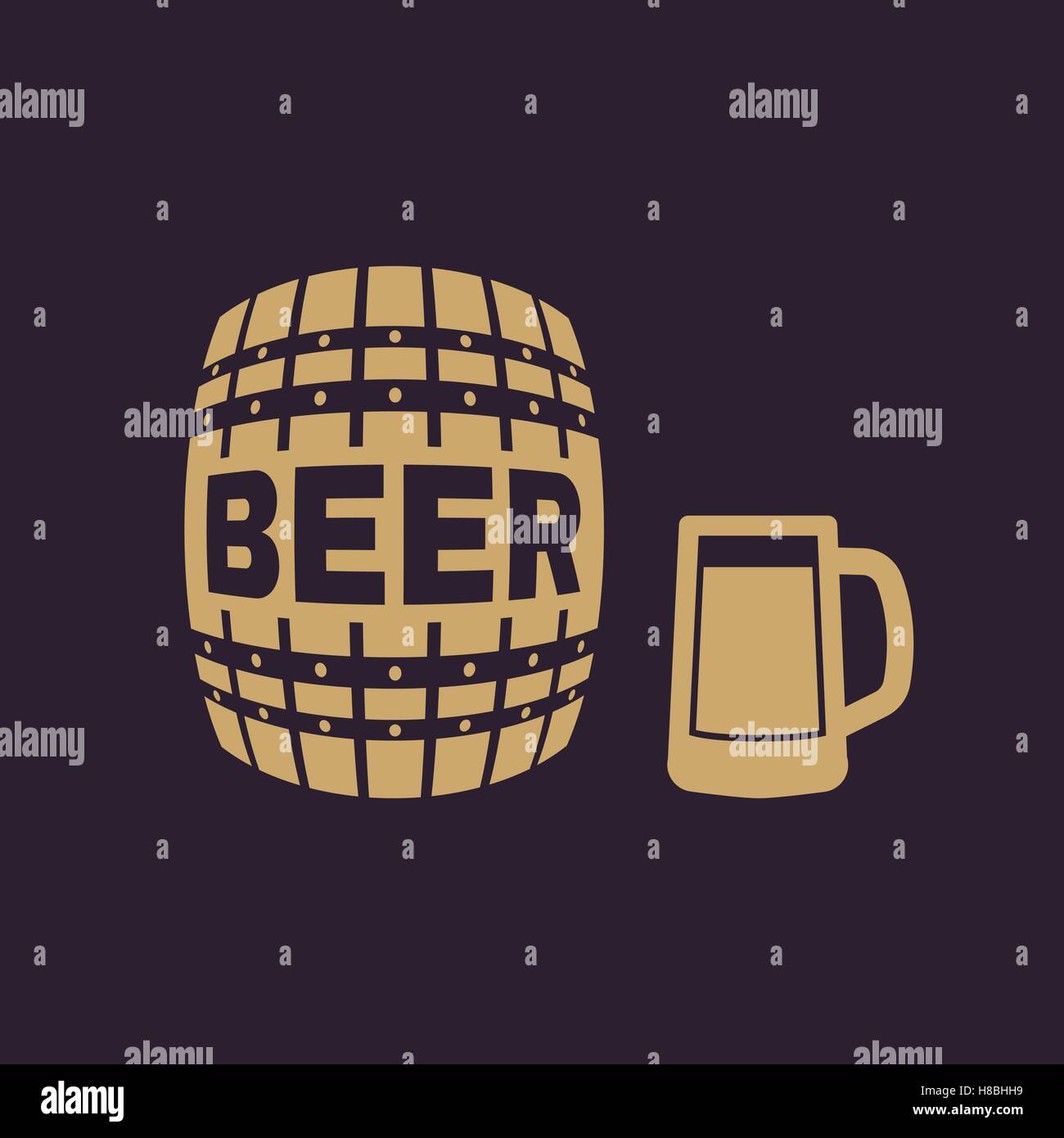 Keg and glass of beer icon. Cask and barrel, alcohol, beer symbol. UI ...