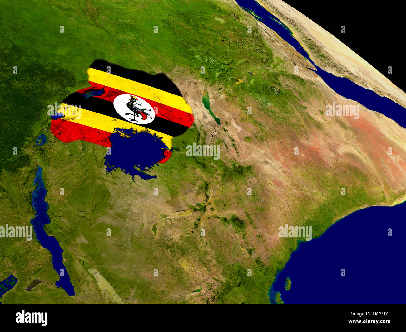 Map of Uganda with embedded flag on planet surface. 3D illustration. Elements of this image ...