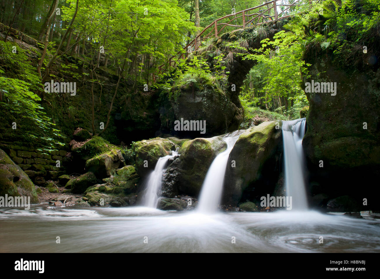 Waterfall under bridge, Schiessentumpel, Mullerthal, Luxembourg Stock ...
