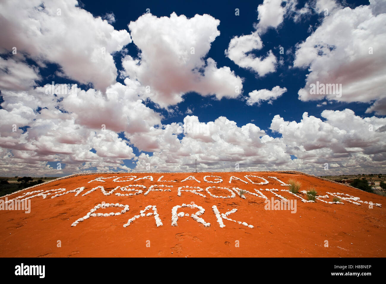 Two Rivers camp park sign, Kgalagadi Transfrontier Park, Botswana Stock ...