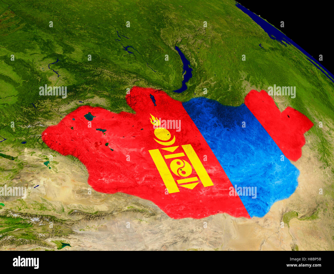 Map of Mongolia with embedded flag on planet surface. 3D illustration ...