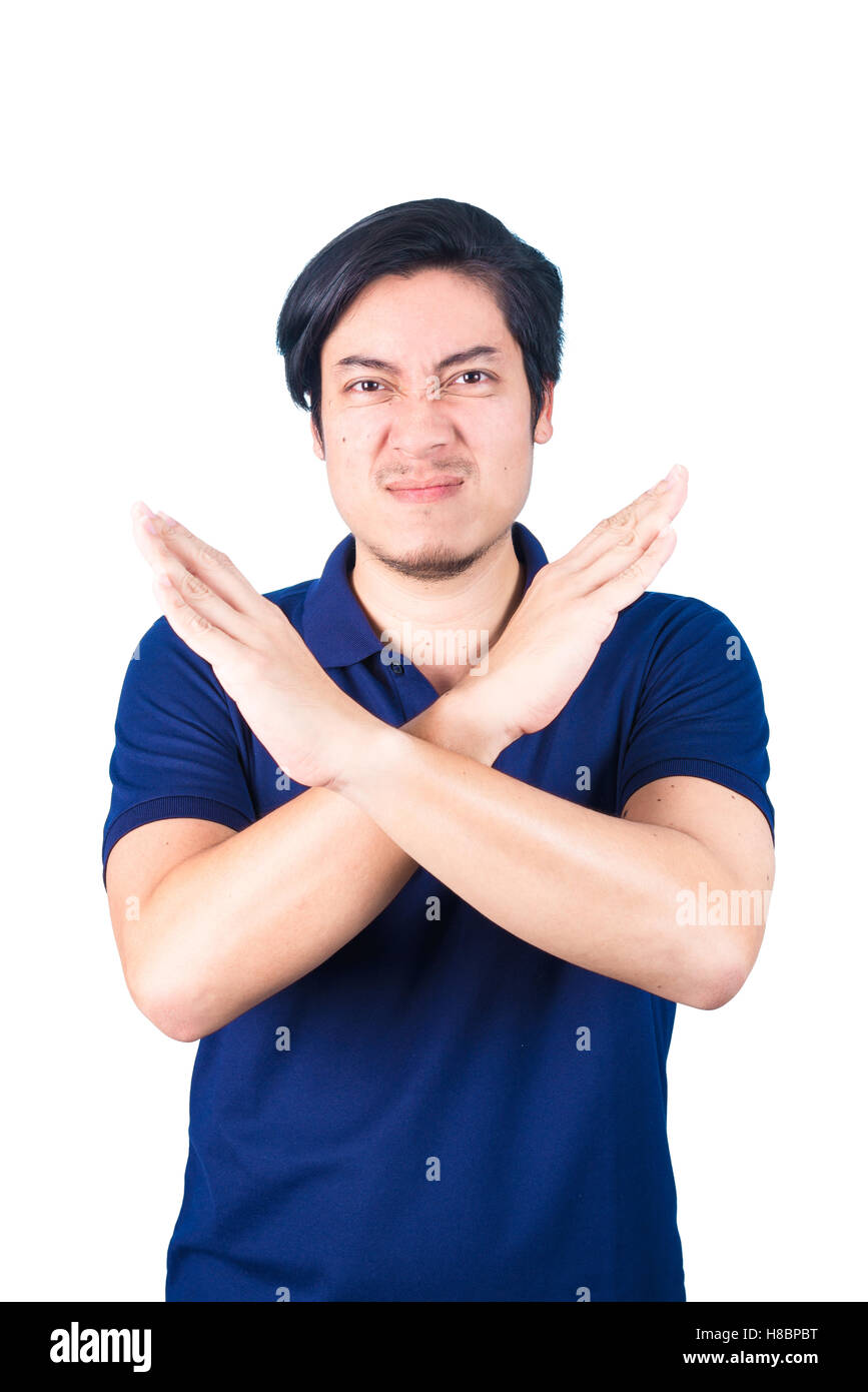 Asian Young man pumped up, making X sign shape with his arms and hands ...
