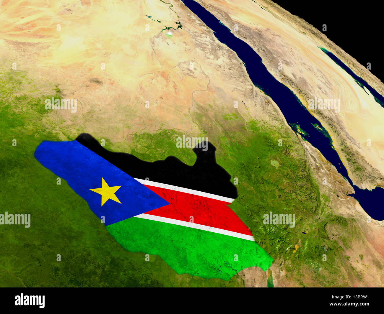 Map of South Sudan with embedded flag on planet surface. 3D ...