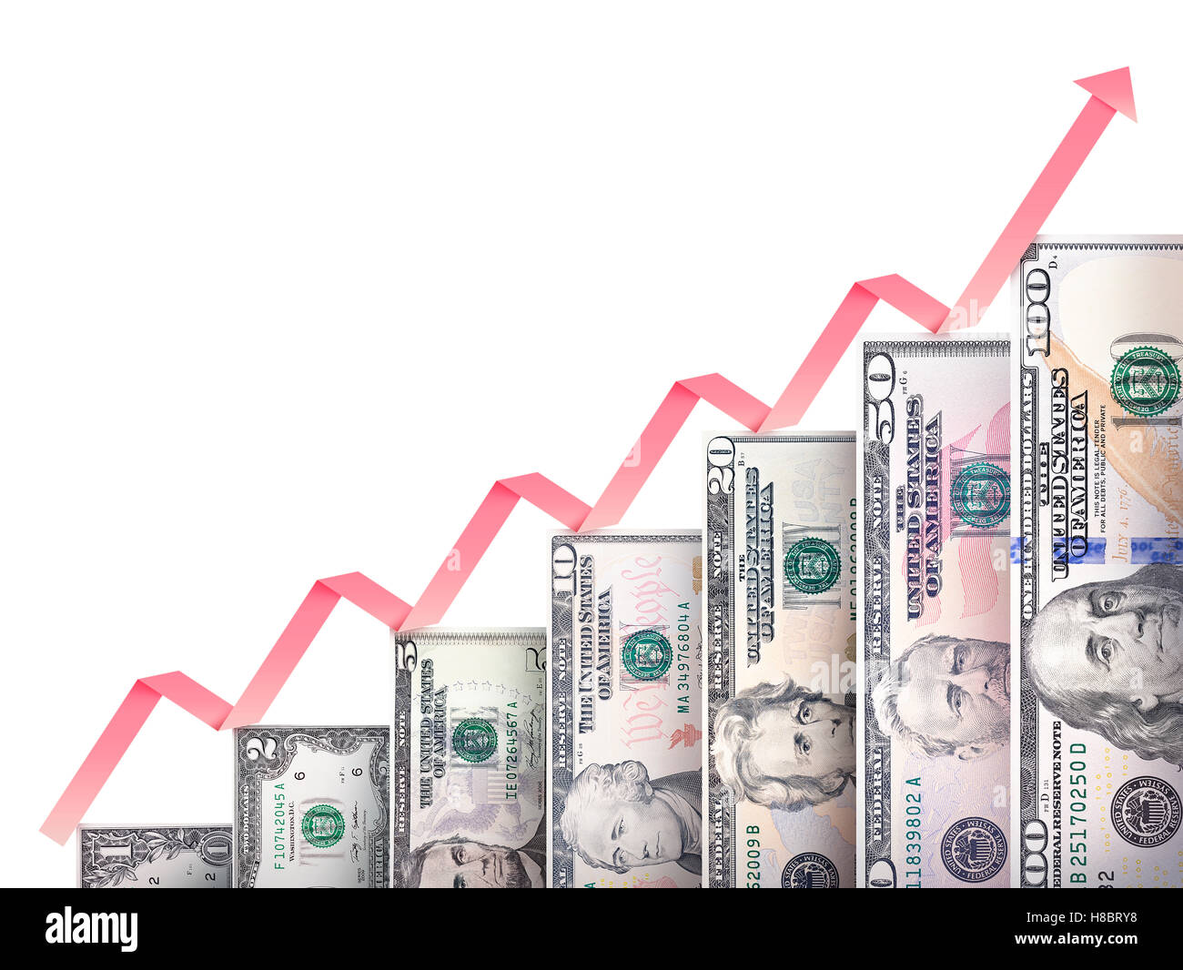 Paper money bills growing in size and value looking like a financial ...