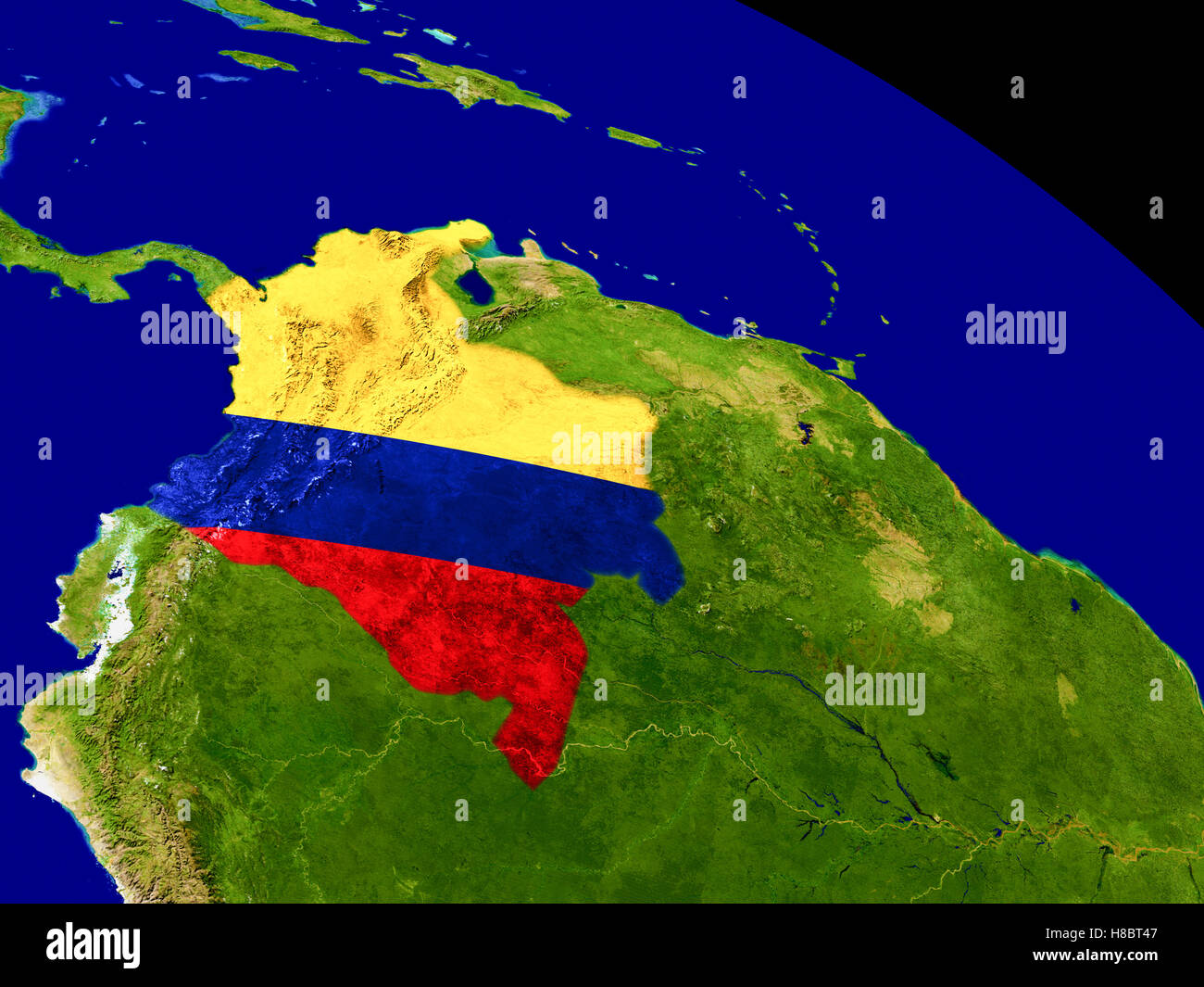 Map of Colombia with embedded flag on planet surface. 3D illustration ...