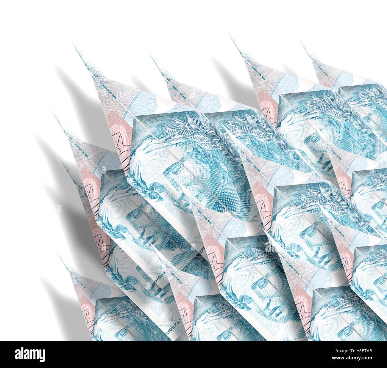 Paper planes made out of money bills flying onedirectional to the sky ...