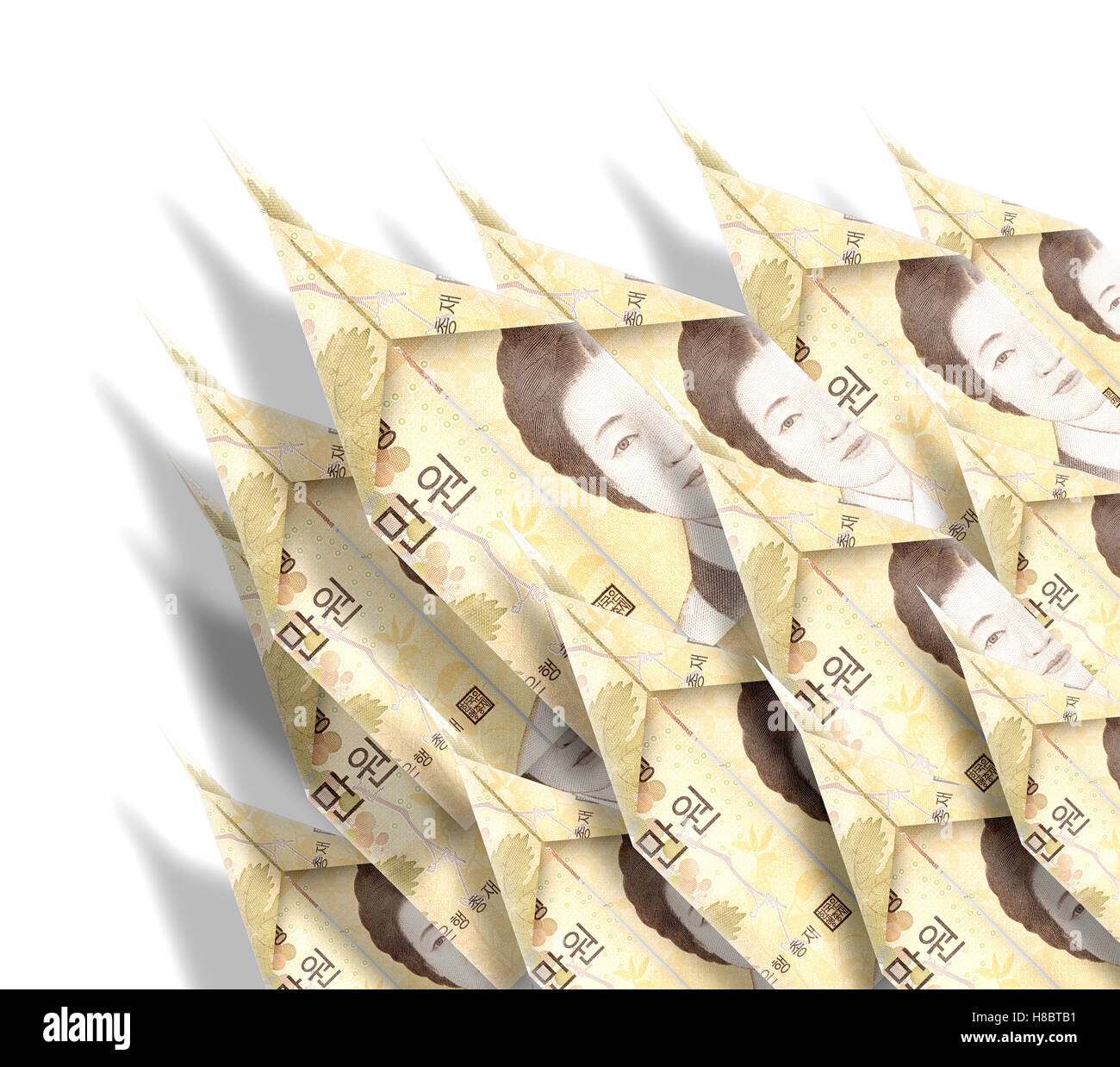 Paper planes made out of money bills flying onedirectional to the sky ...