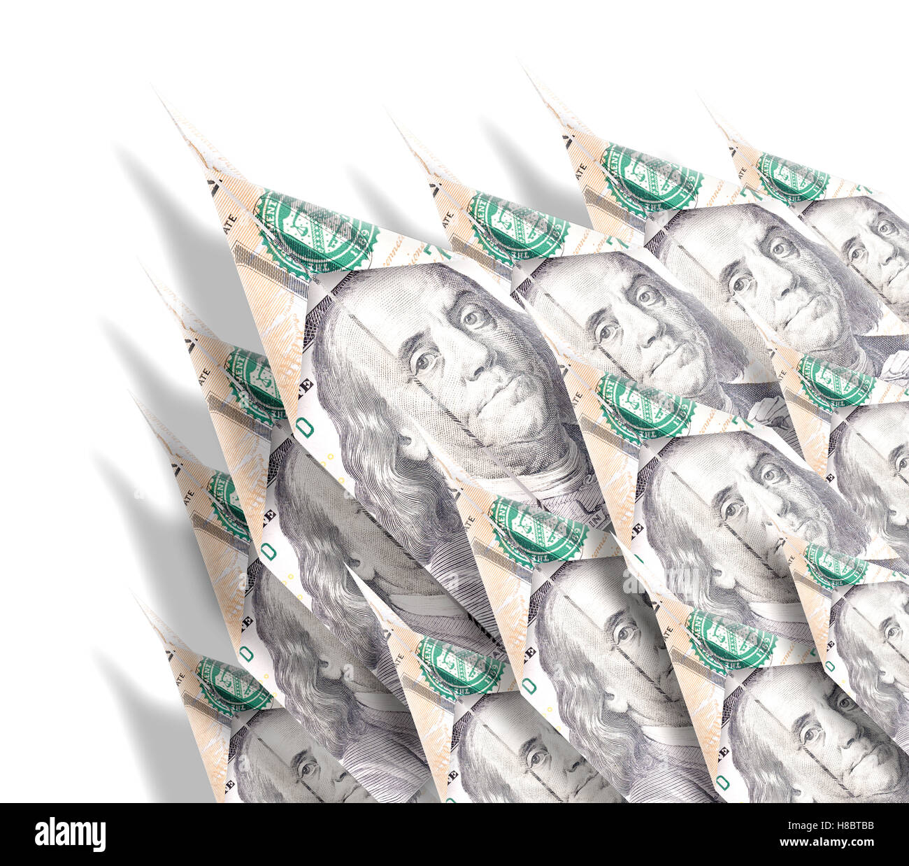 Paper planes made out of money bills flying onedirectional to the sky ...