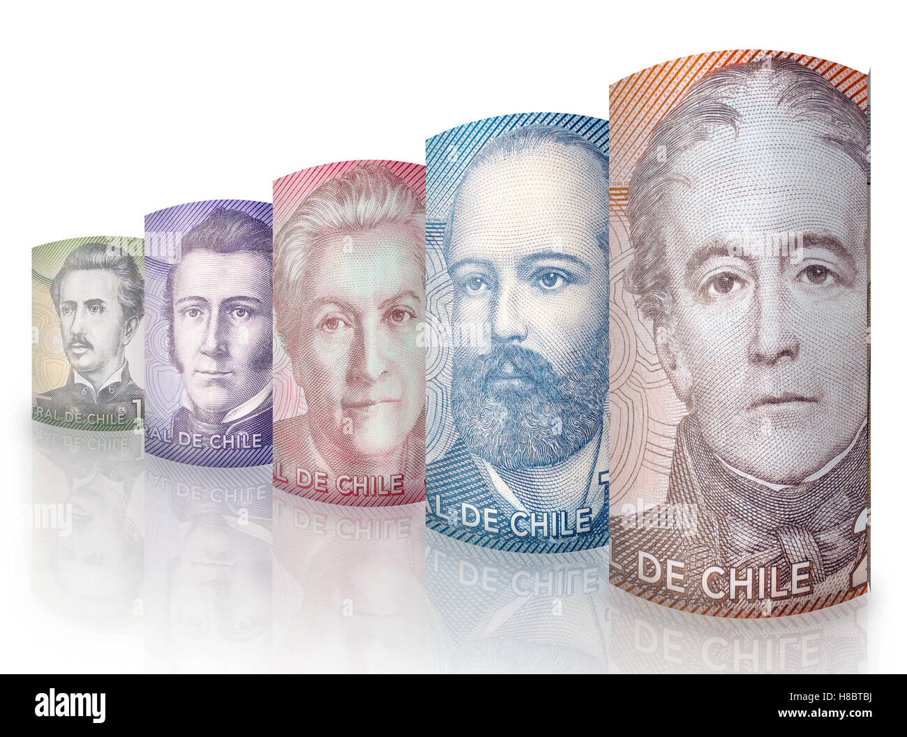 Different money bills standing next to each other forming a row that is ...