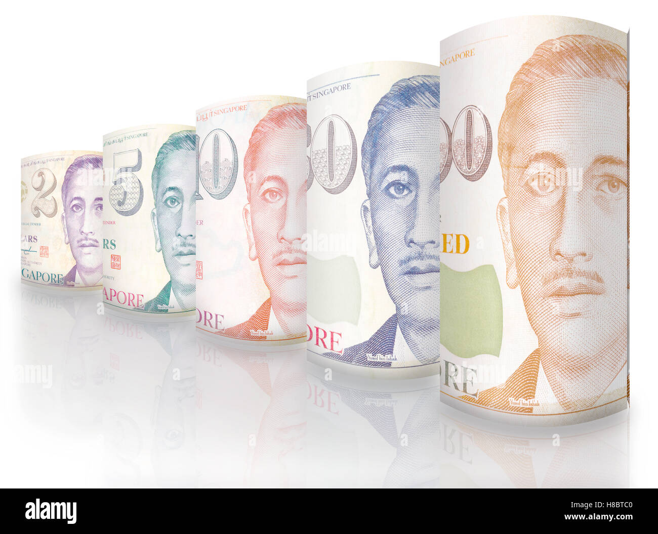 Different money bills standing next to each other forming a row that is ...