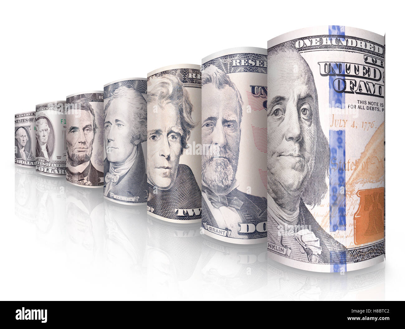 Different money bills standing next to each other forming a row that is ...