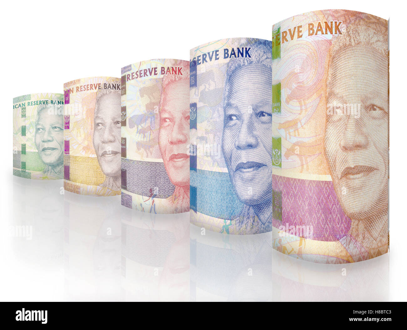 Different money bills standing next to each other forming a row that is ...