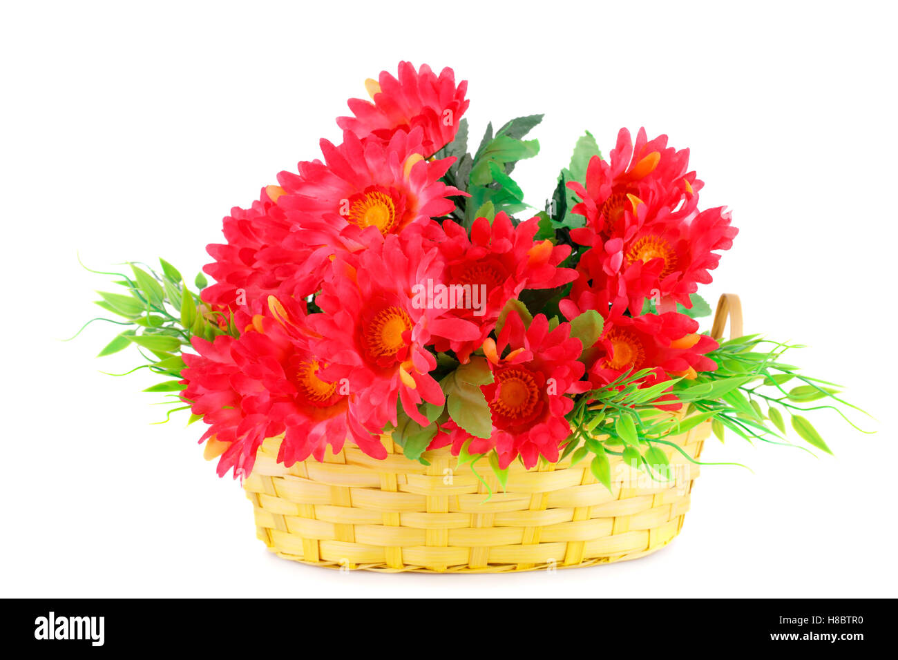 Red fabric flowers in wicker basket isolated on white background Stock ...