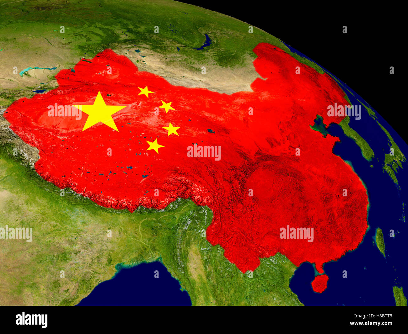 Map of China with embedded flag on planet surface. 3D illustration ...