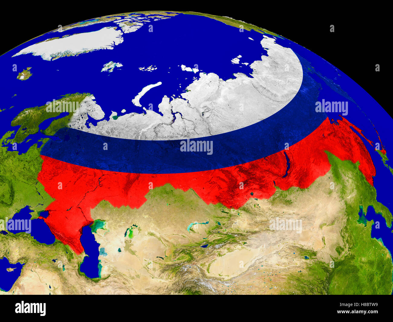 Map of Russia with embedded flag on planet surface. 3D illustration ...
