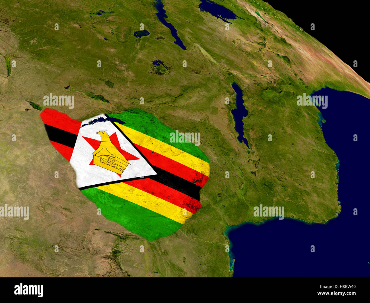 Map of Zimbabwe with embedded flag on planet surface. 3D illustration ...