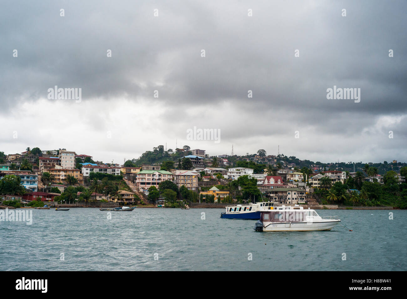 View of boats in a bay seen from Aberdeen Bridge, Freetown Stock Photo ...