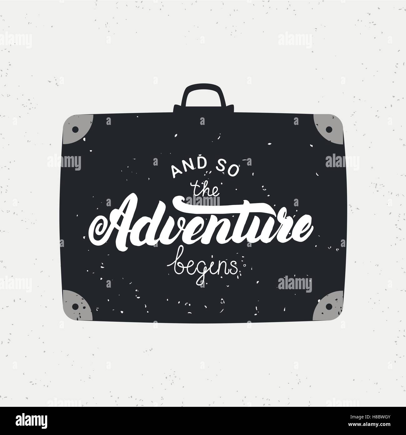 And so the adventure begins card. Hand written lettering with vintage suitcase. Travel card ...