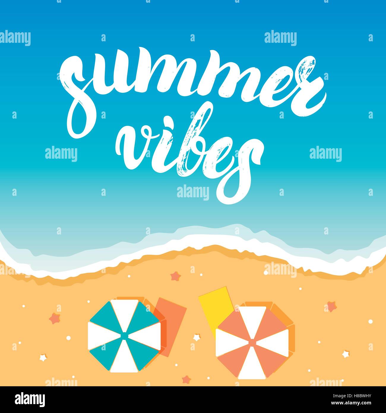 Summer vibes hand written lettering on a sea beach background. Brush ...